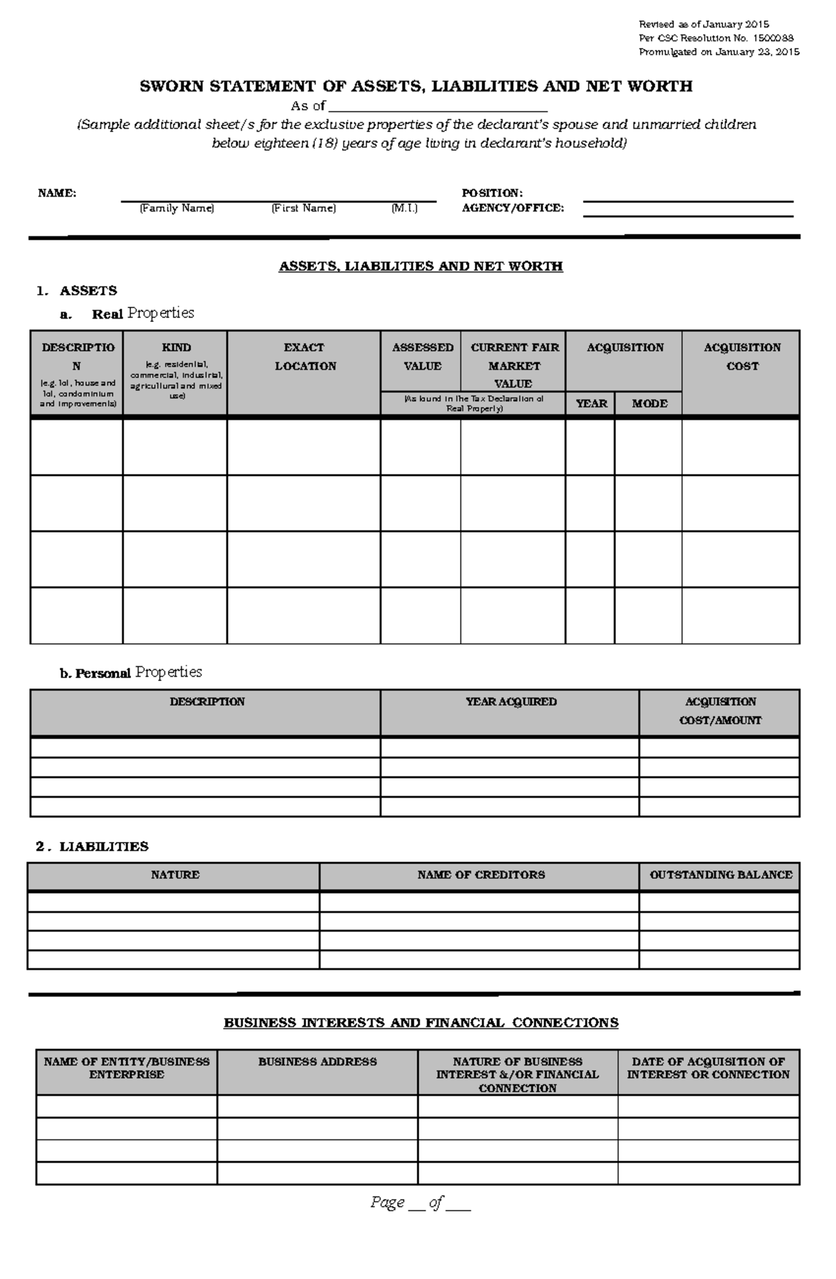 SALN Form 2017 Additional Sheets: Assets and Liabilities Overview - Studocu
