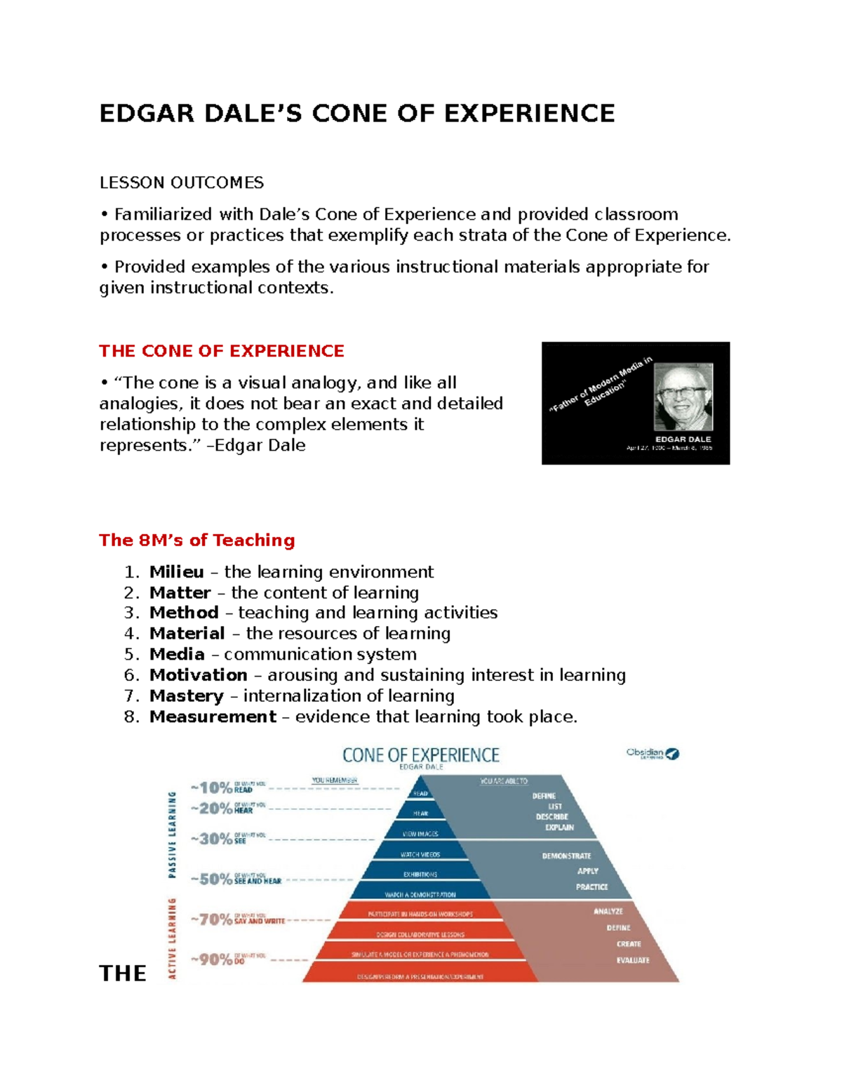 EDGAR DALE’S CONE OF EXPERIENCE: A Detailed Lesson Overview - Studocu
