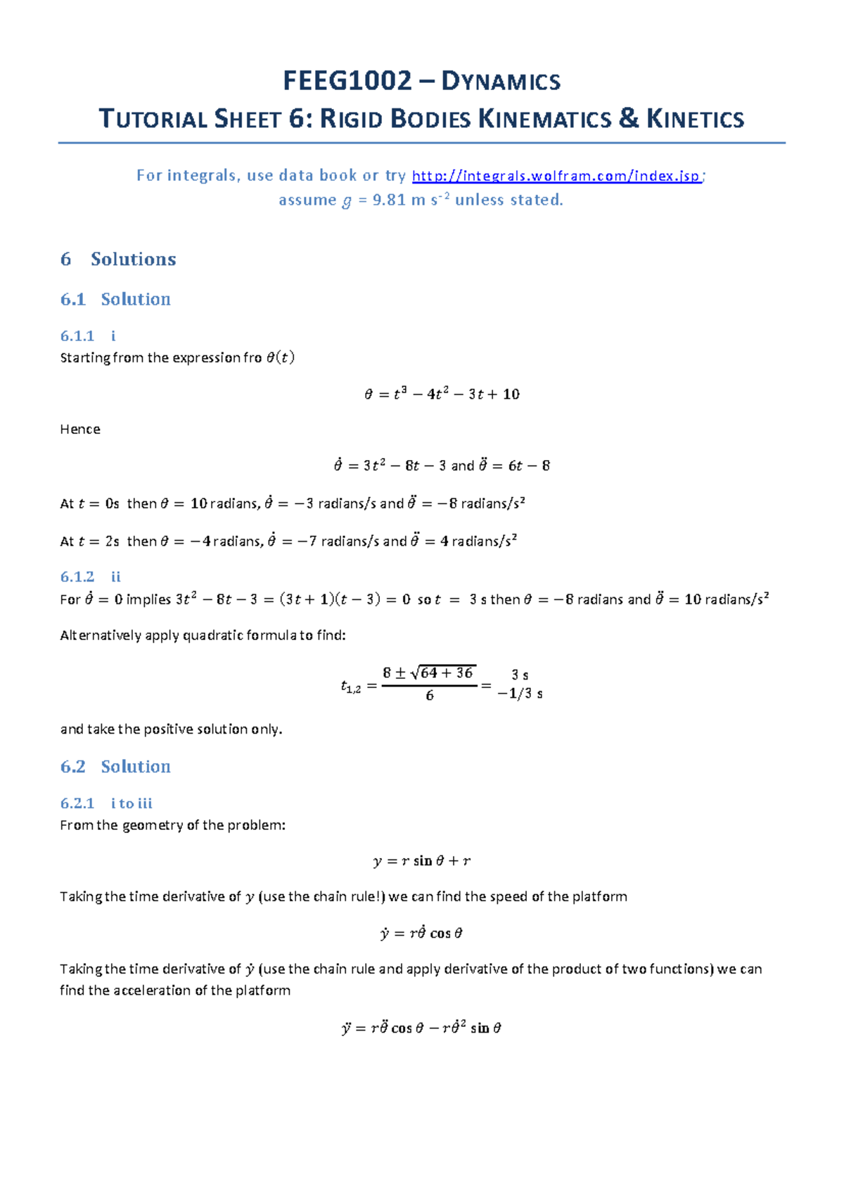 Solutions for Tutorial 6 - FEEGϭϬϬϮ – DYNAMICS TUTORIAL SHEET 6: RIGID ...