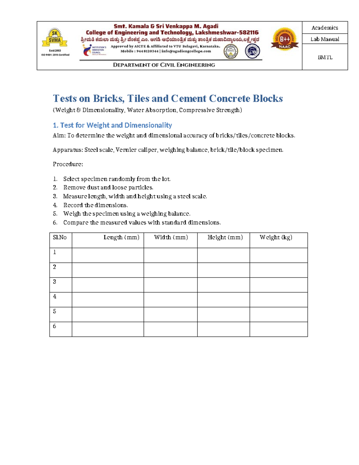 BMTL Lab Manual: Tests on Bricks, Tiles & Concrete Blocks - Studocu