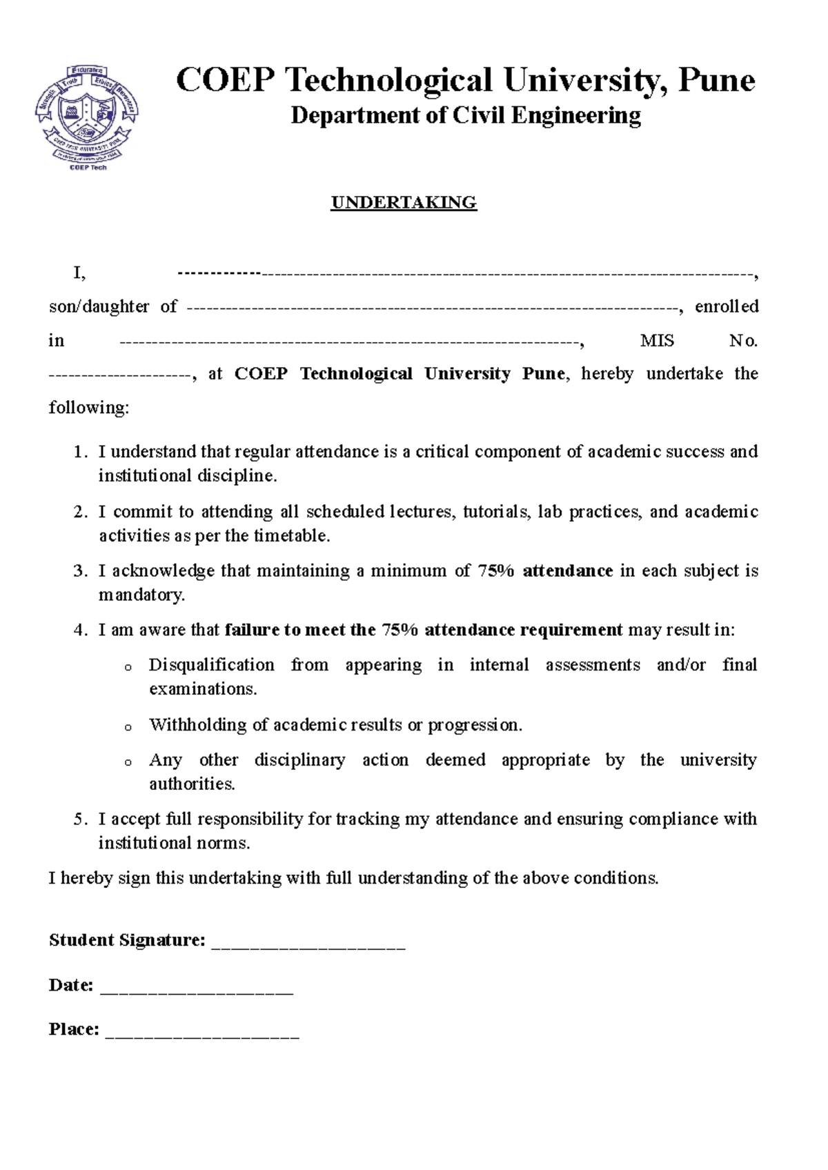COEP Civil Engineering Attendance Undertaking Form - Studocu