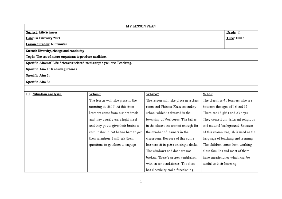 WIL Lesson Plan: Life Sciences Grade 11 - Antibiotics & Medicine - Studocu