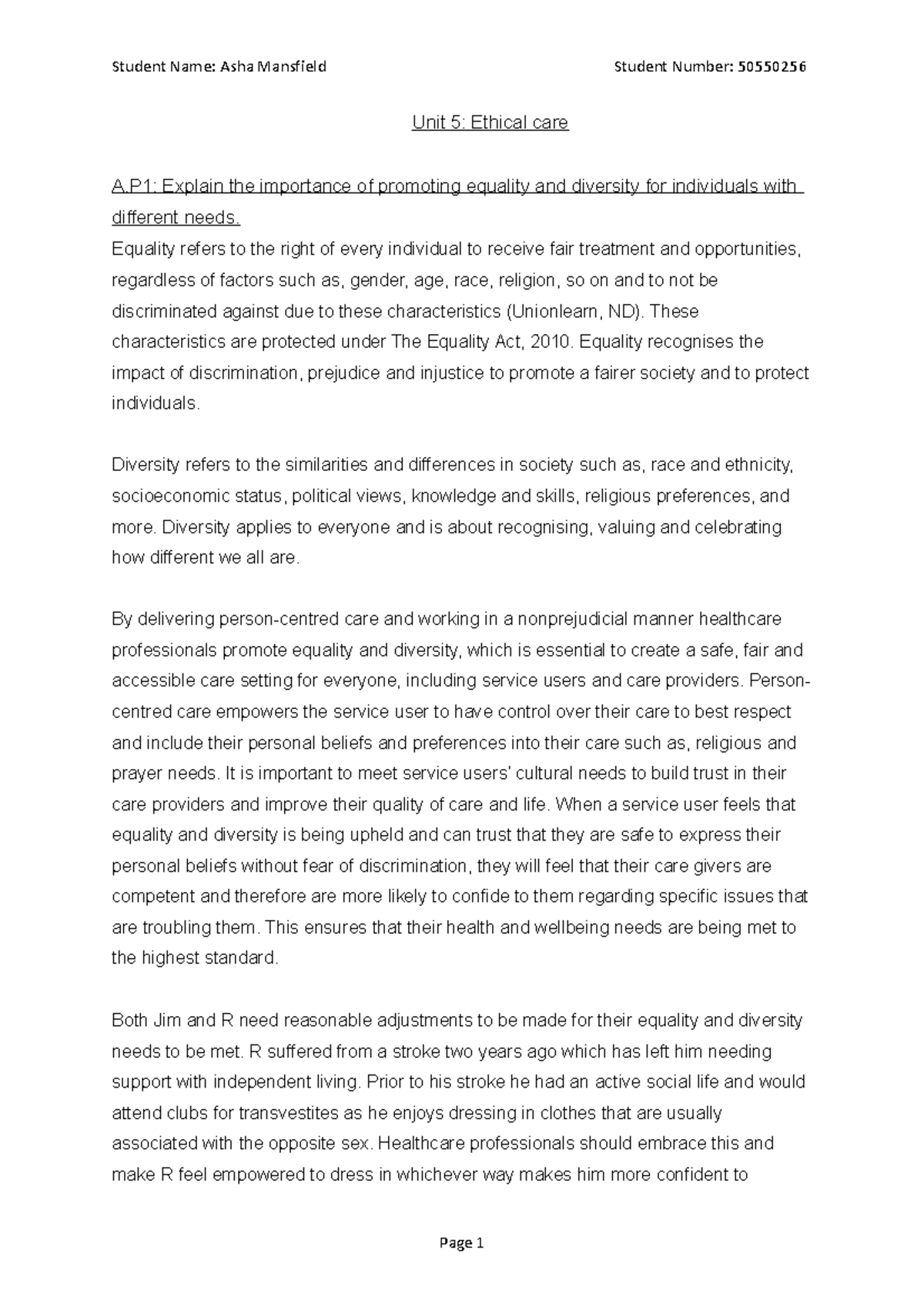 Unit 5 Assignment - Level 3 Health & Social Care: Promoting Equality ...