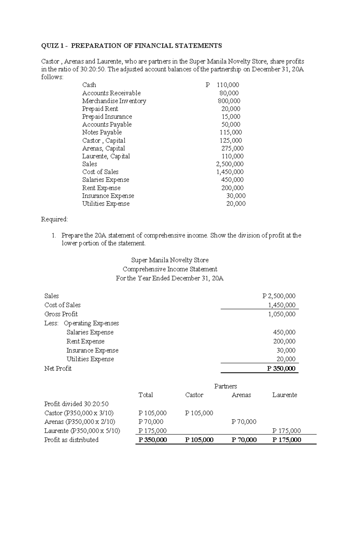 Quiz 1: Comprehensive Income & Financial Position Statements - Studocu