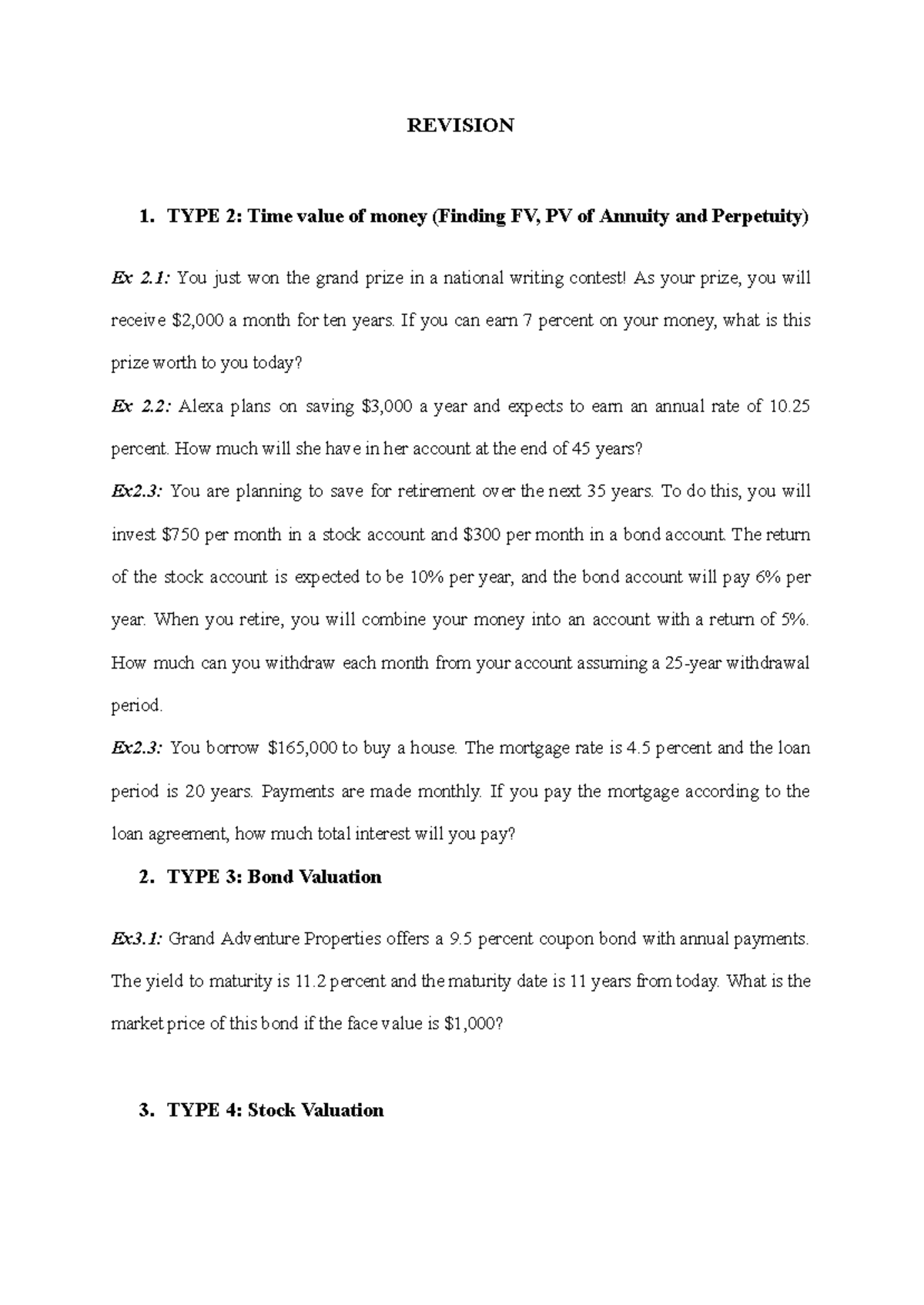 Revision Problems: Time Value of Money & Valuation Techniques (FIN 101 ...