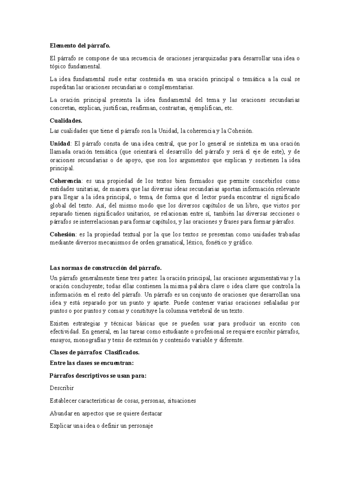Elementos y Estructura del Párrafo en Escritura Académica - Studocu
