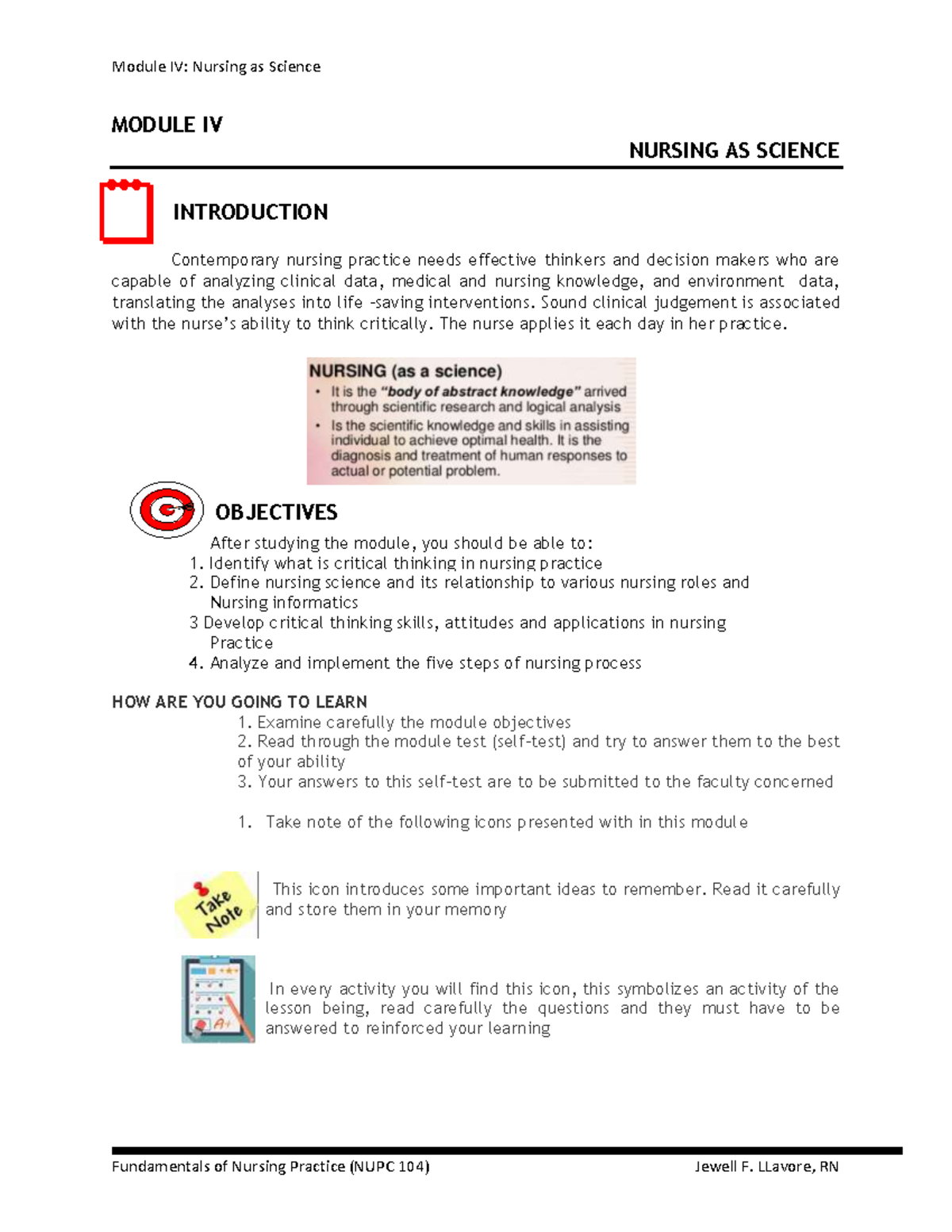 Module 4 - Fundamentals - INTRODUCTION MODULE IV NURSING AS SCIENCE ...