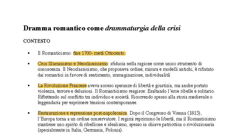 Romanticismo e Dramma: Appunti Lezioni (CORSO 101) - Studocu