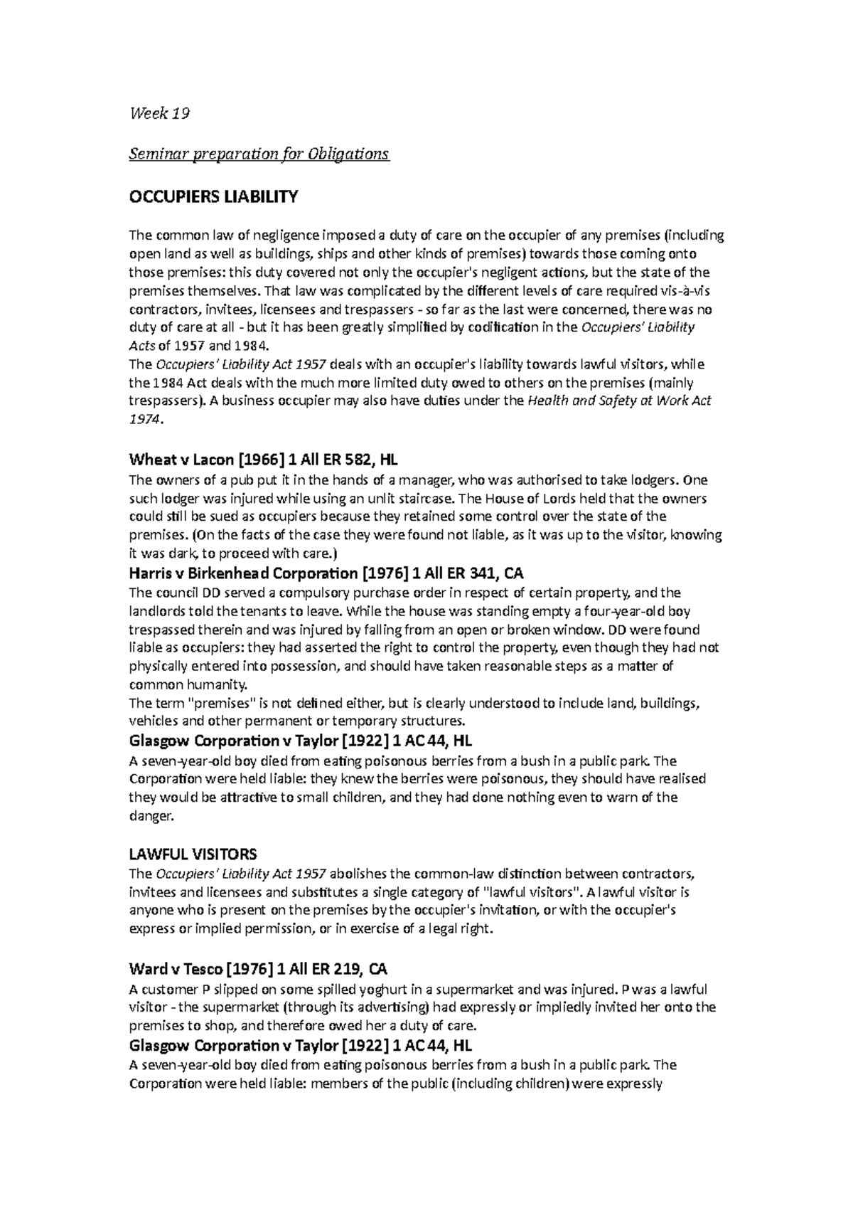 OCCUPIERS LIABILITY - Week 19 Seminar preparation for Obligations ...
