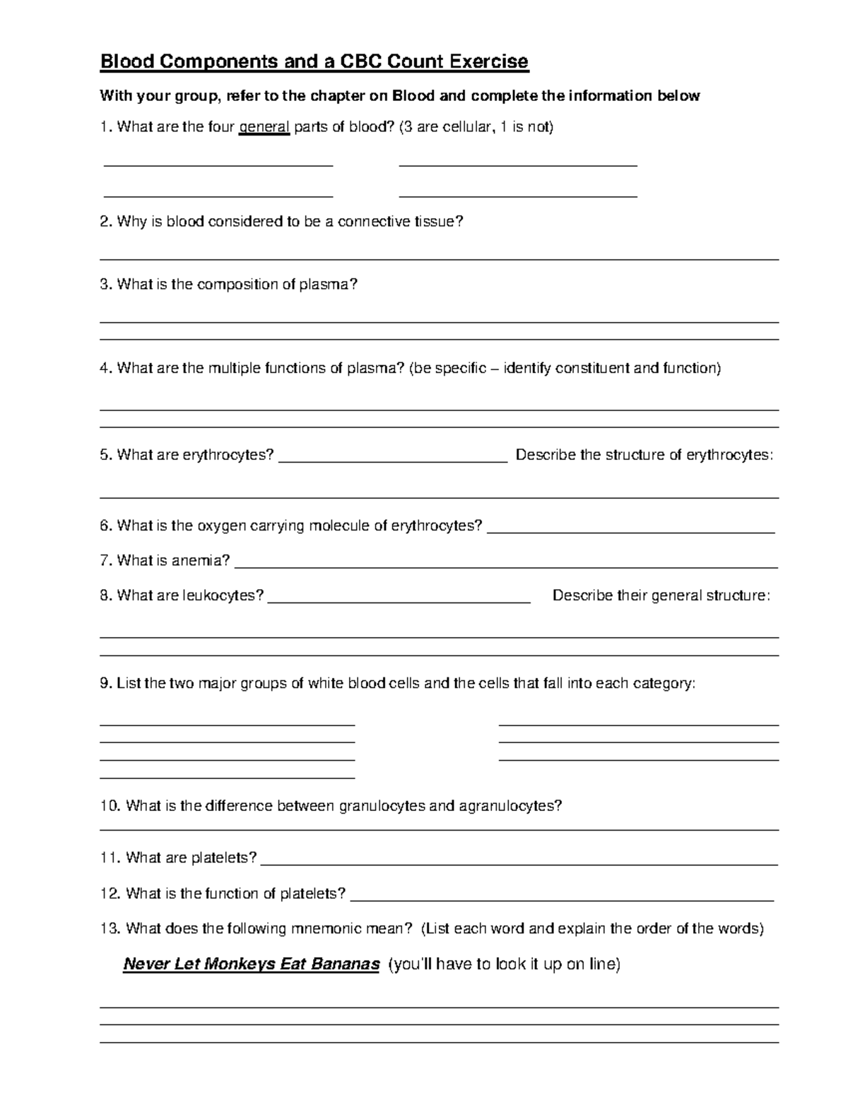 Blood Components and CBC Count Exercise (BIO 2022) - Studocu