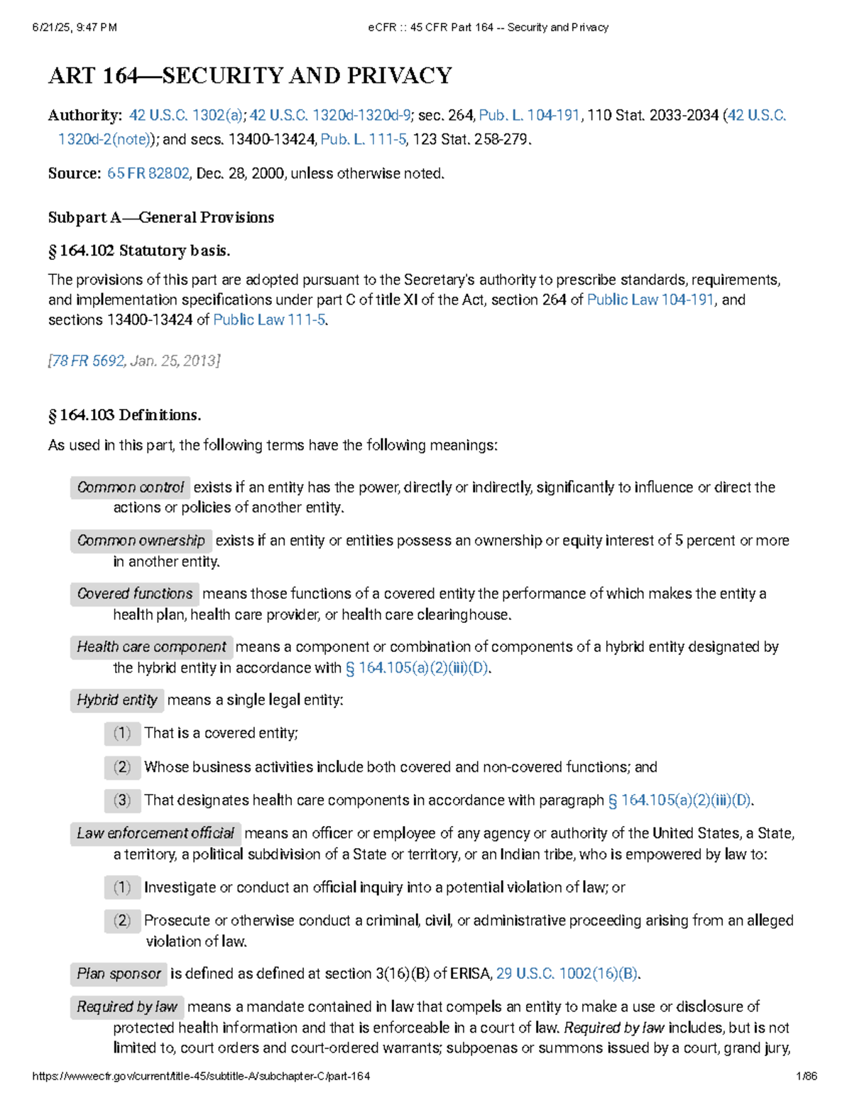 HIPAA Security and Privacy Overview: 45 CFR Part 164 Analysis - Studocu