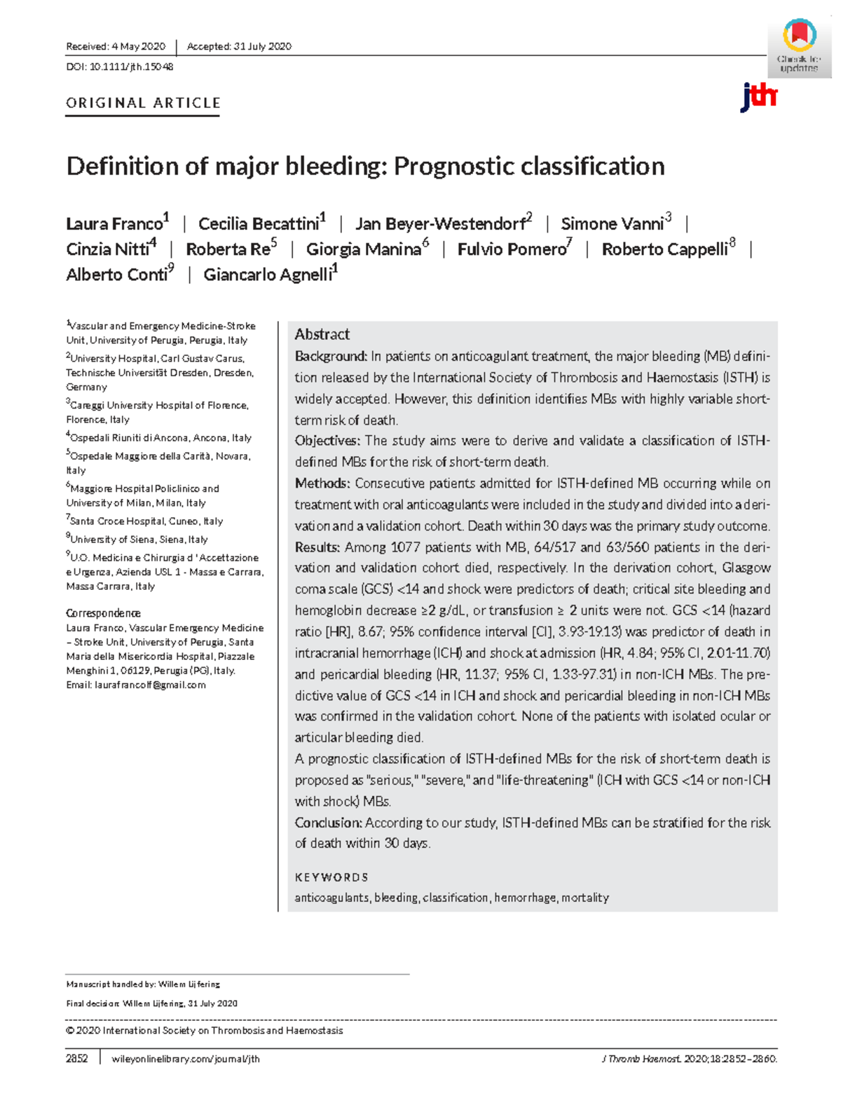 Definition of Major Bleeding: Prognostic Classification Study (2020 ...