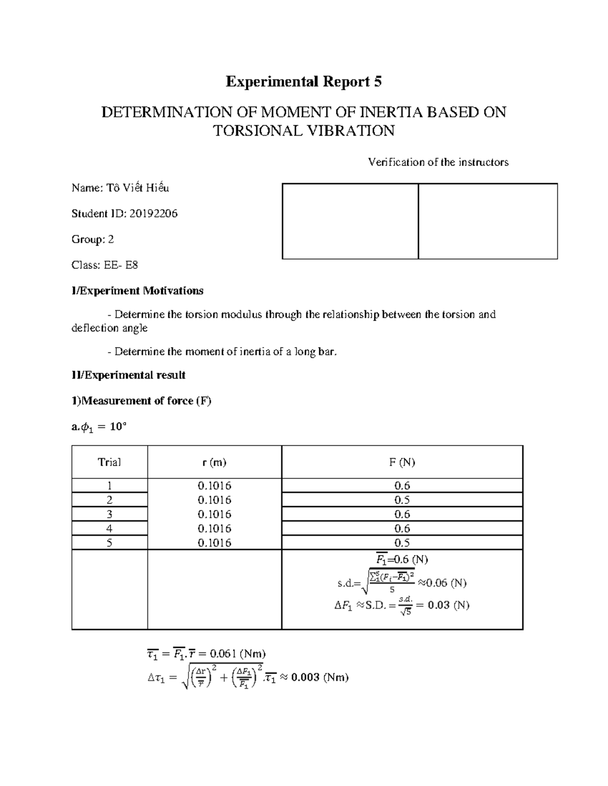 Report-5-done - Lab report experiment 5 - Experimental Report 5 DETERMINATION OF MOMENT OF ...