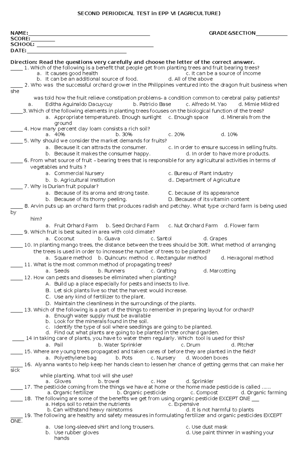 427558775 epp grade 6 2nd periodical exam - SECOND PERIODICAL TEST in ...