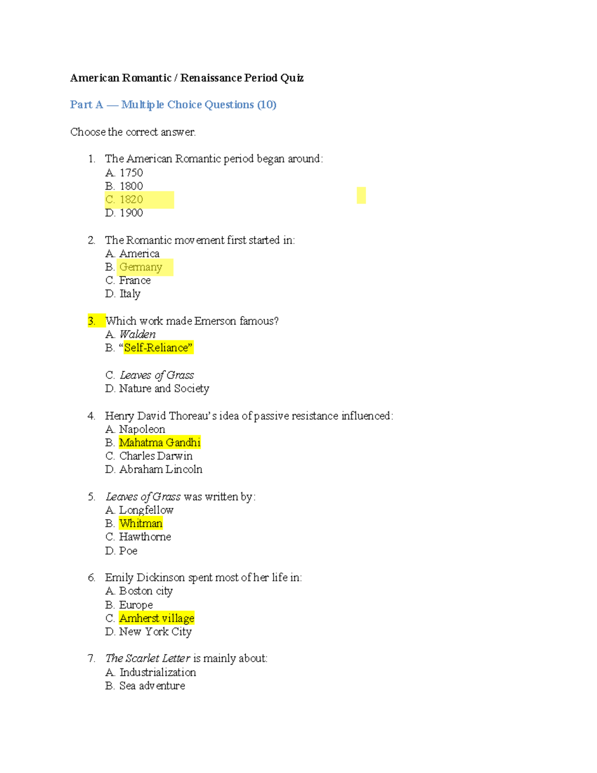American Romantic Renaissance Period Quiz (1447 - 2nd Sem) - Studocu