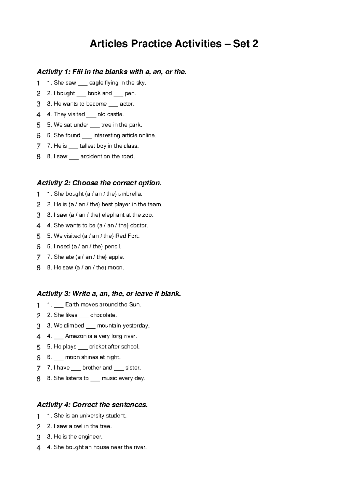 Articles Practice Activities Set 2: Fill in the Blanks & Corrections ...