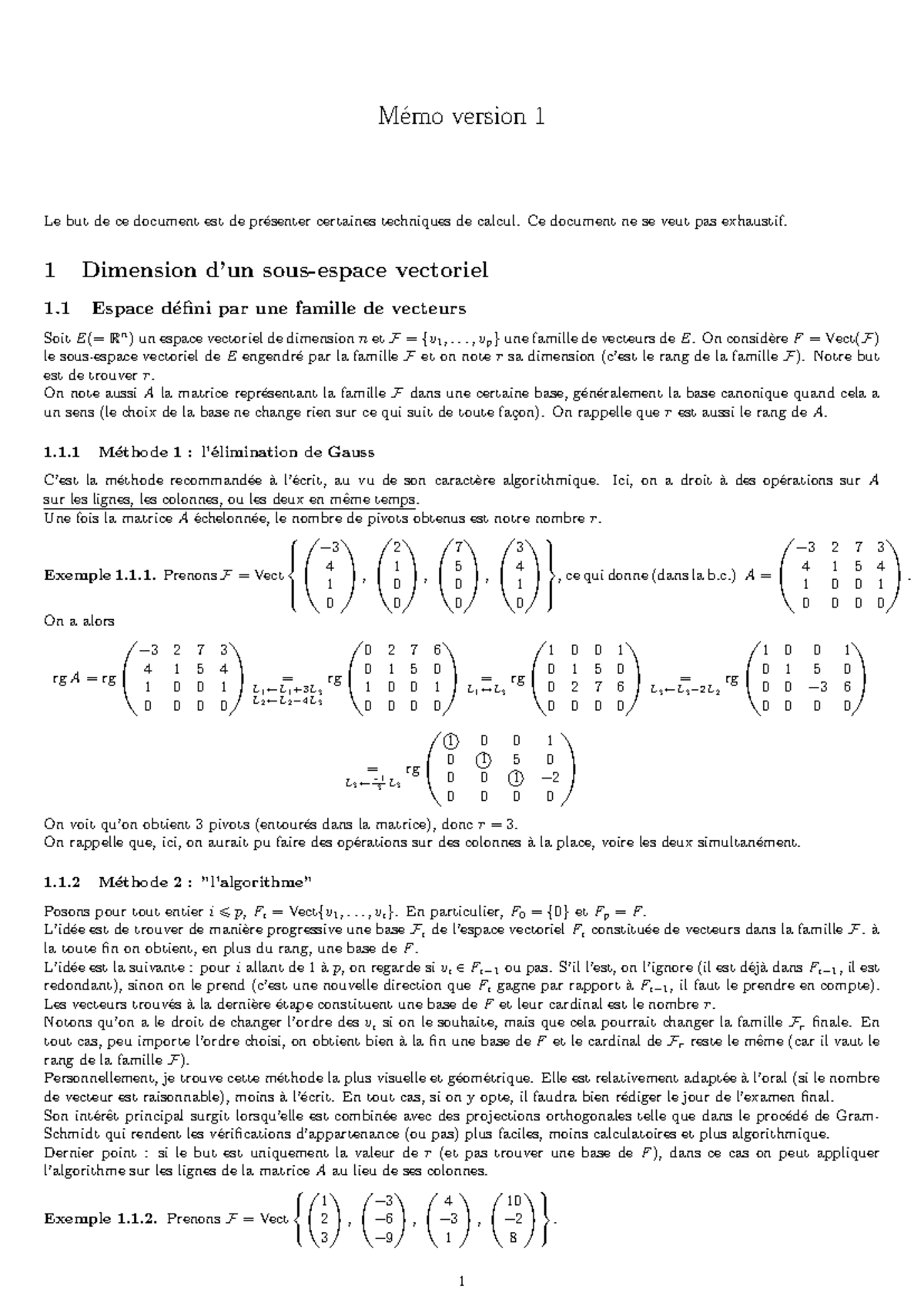 Techniques de Calcul en Espace Vectoriel - Cours MATH101 - Studocu