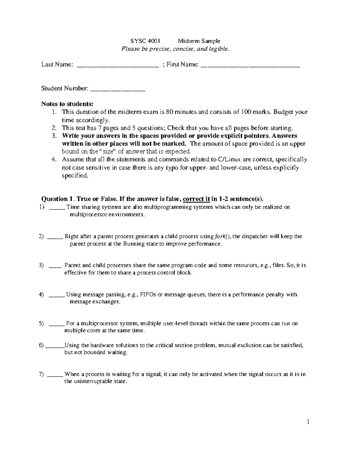 SYSC 4 001 Midterm Sample Exam Questions 2023 - Studocu