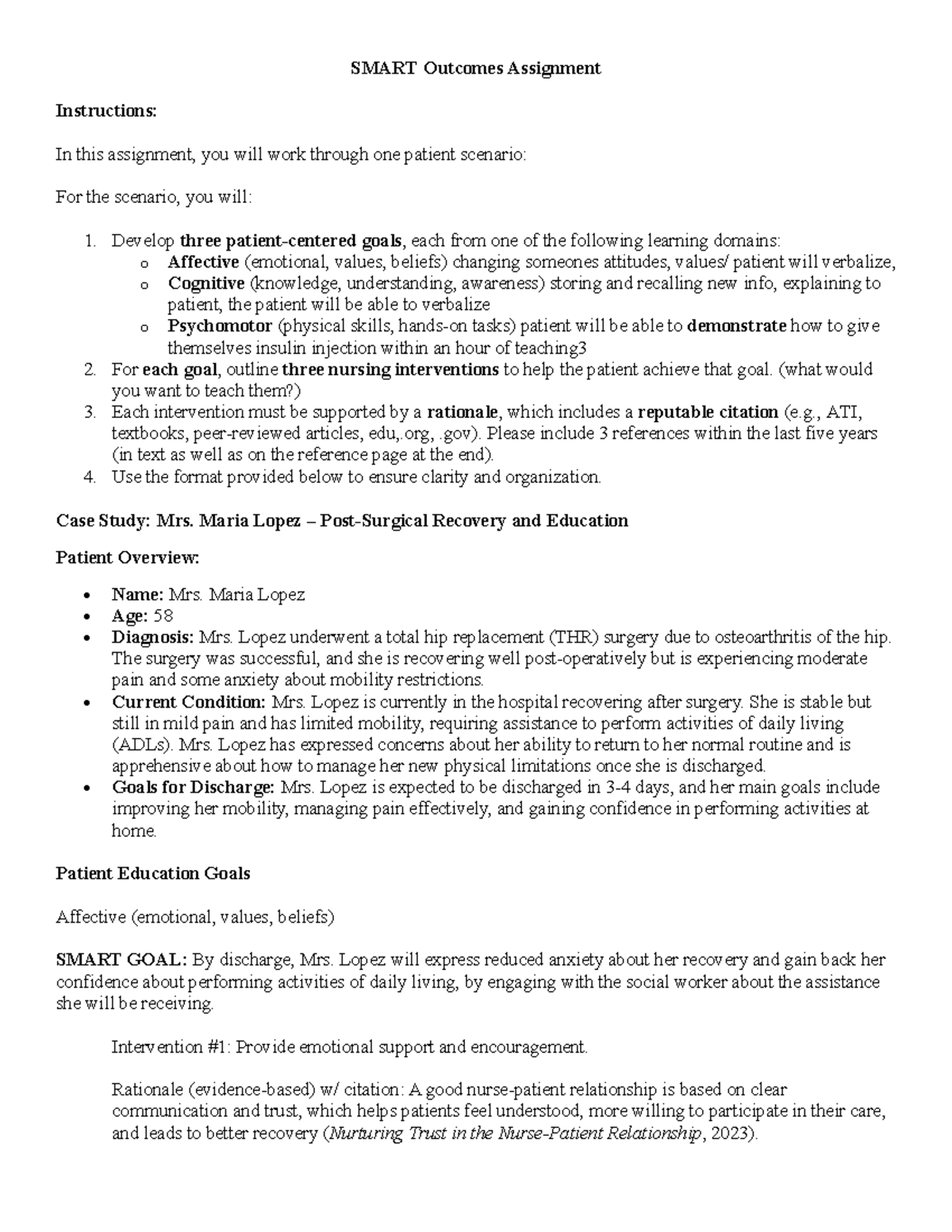 SMART Goals Assignment for Patient Education: Mrs. Lopez's Recovery ...