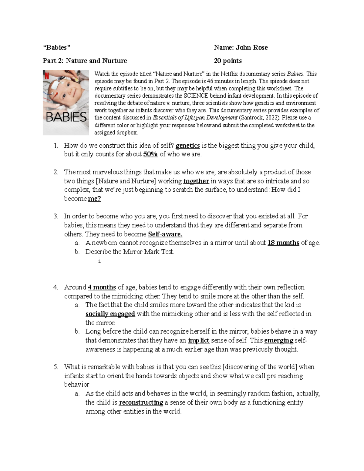 Assignment-Babies Documentary (Part 2) Nature and Nurture - “Babies ...