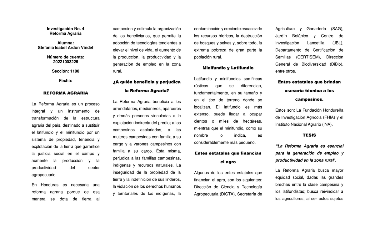 Trifolio Reforma Agraria - Investigación No. 4 Reforma Agraria Alumna ...