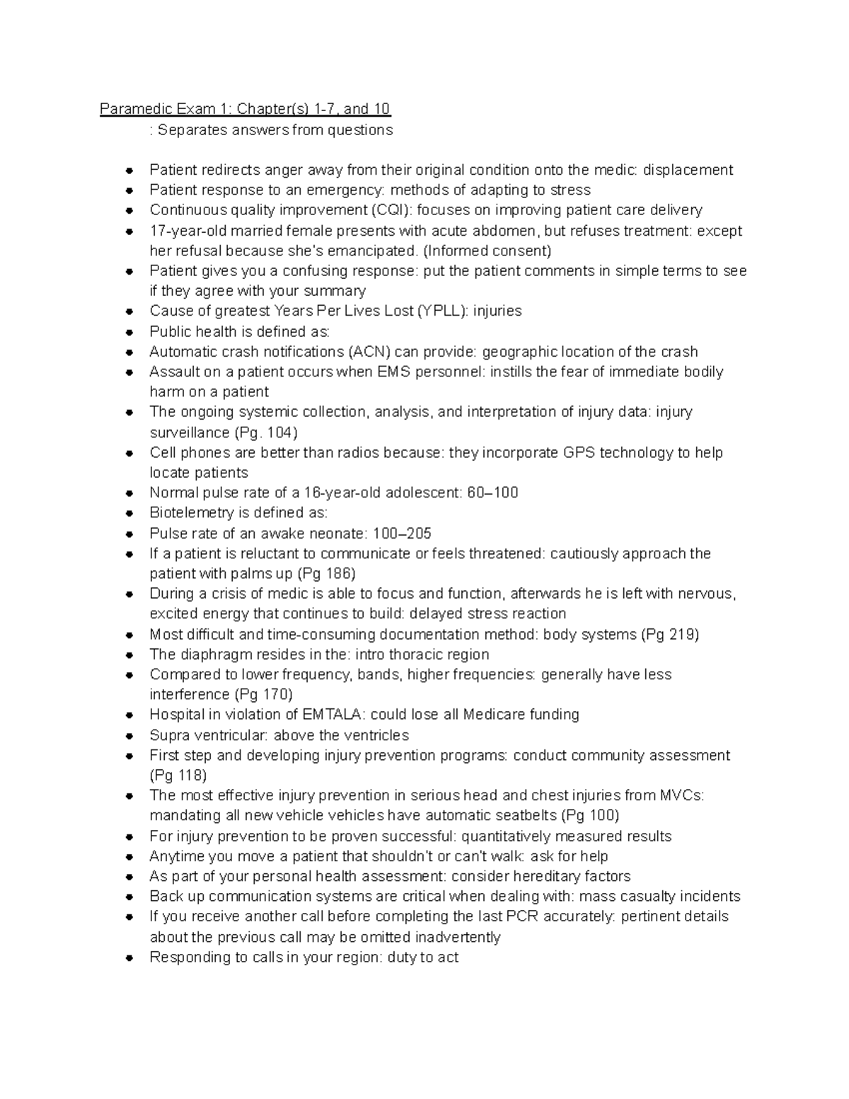 Paramedic Exam 1: Review of Chapters 1-7 & 10 Study Notes - Studocu