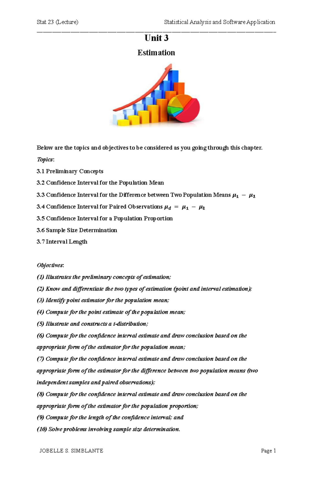 Stat 23 (Lecture) Unit 3: Estimation in Statistical Analysis - Studocu