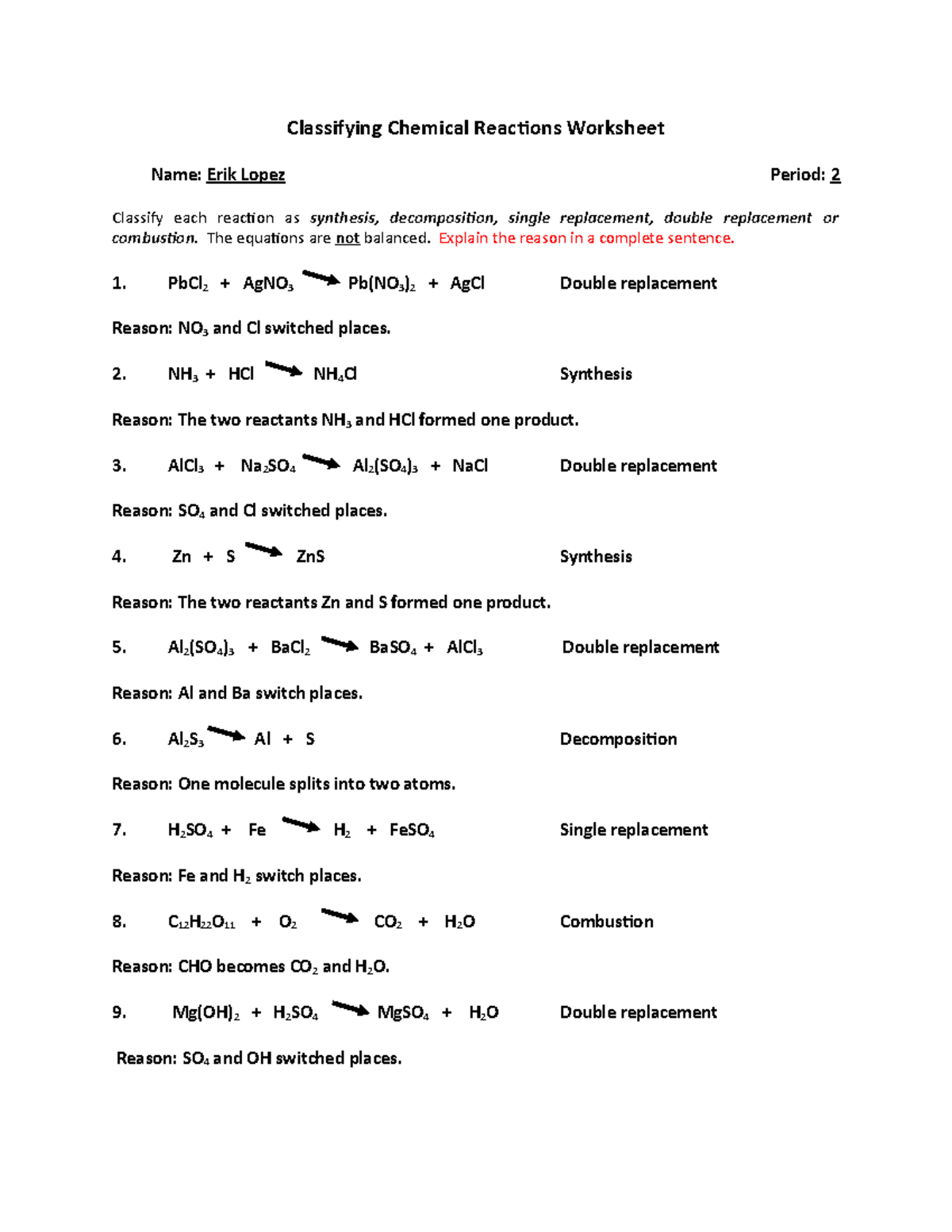 Classifying Chemical Reactions Worksheet for Chemistry 101 - Studocu