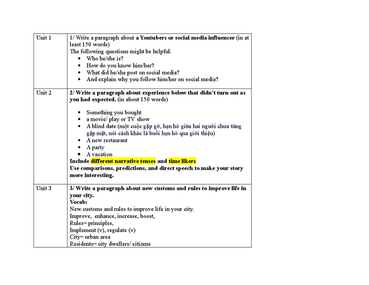 English 3 Topics for Revision - Unit 1 1/ Write a paragraph about a ...