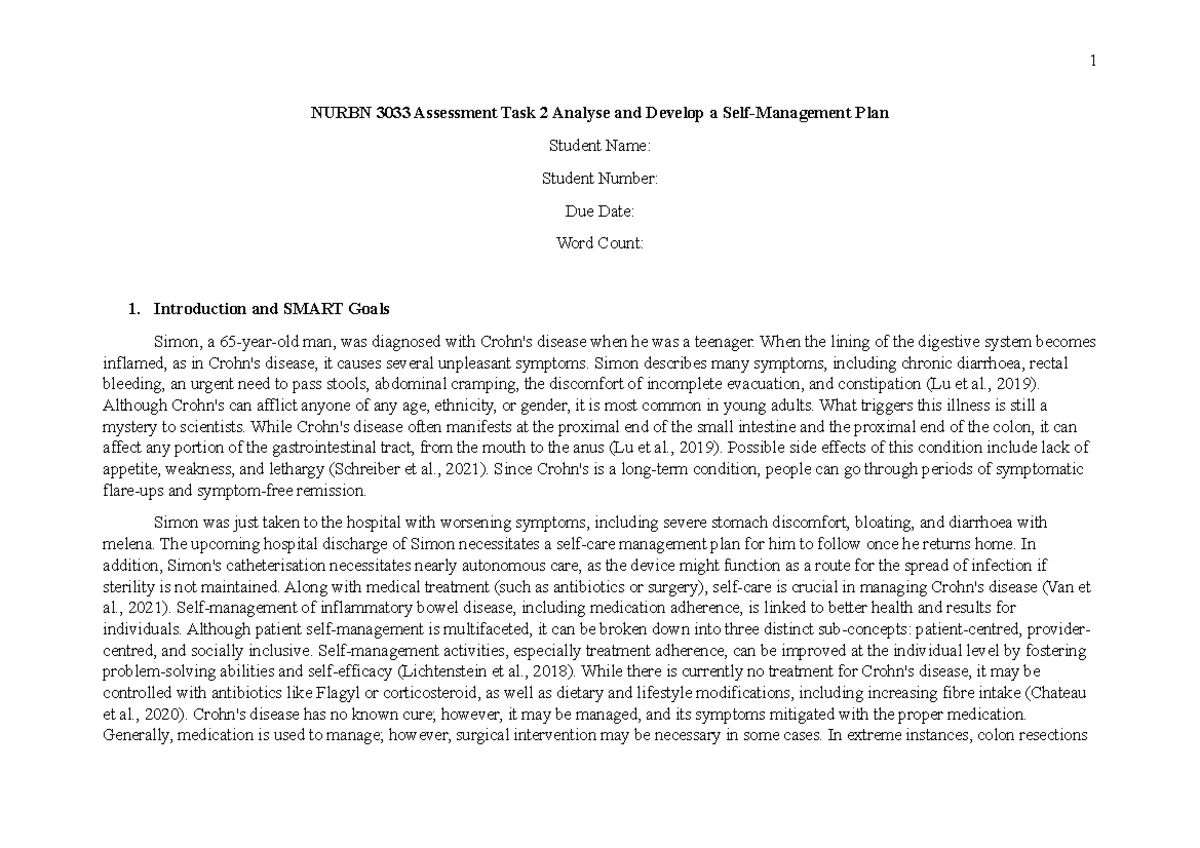 NURBN 3033 Assessment Task 2: Self-Management Plan for Crohn's Disease ...