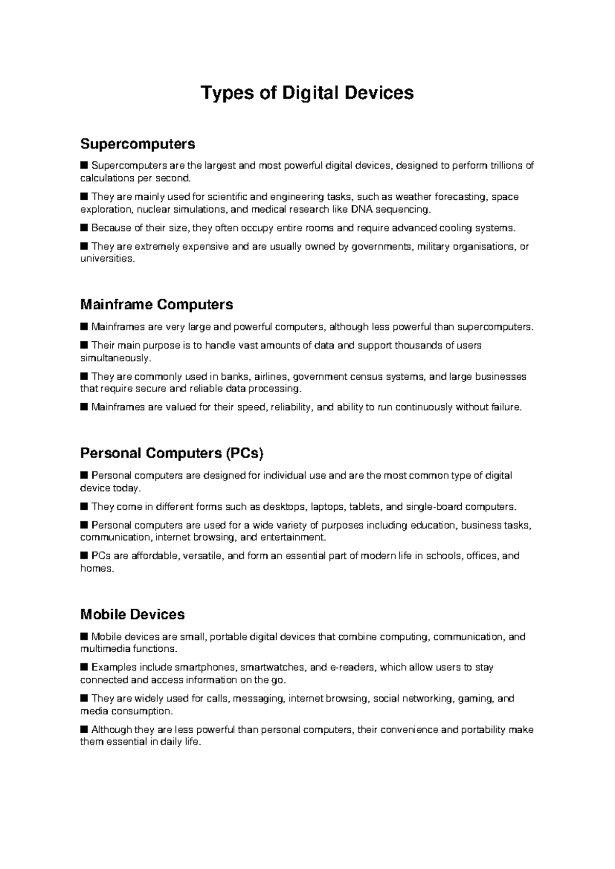 Types of Digital Devices: Supercomputers, Mainframes, PCs & Mobiles ...