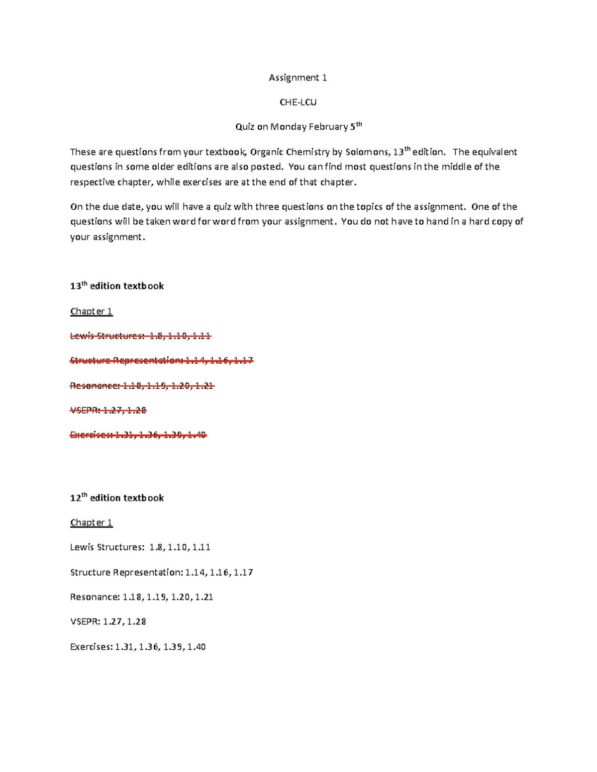LCU Organic Chemistry Assignment 1 Quiz Prep - Feb 5th - Studocu