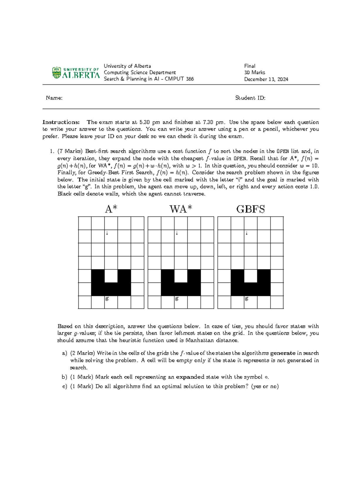Final Exam Study Guide: AI Search Planning CMPUT 366 - Studocu