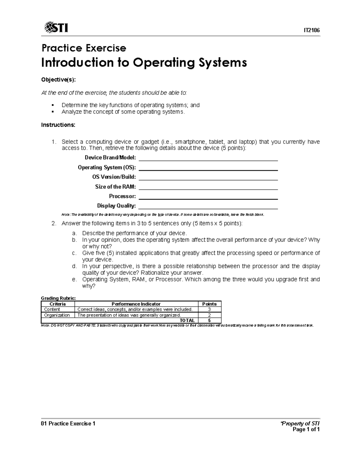 IT 210 6 - Practice Exercise 1: Introduction to Operating Systems - Studocu