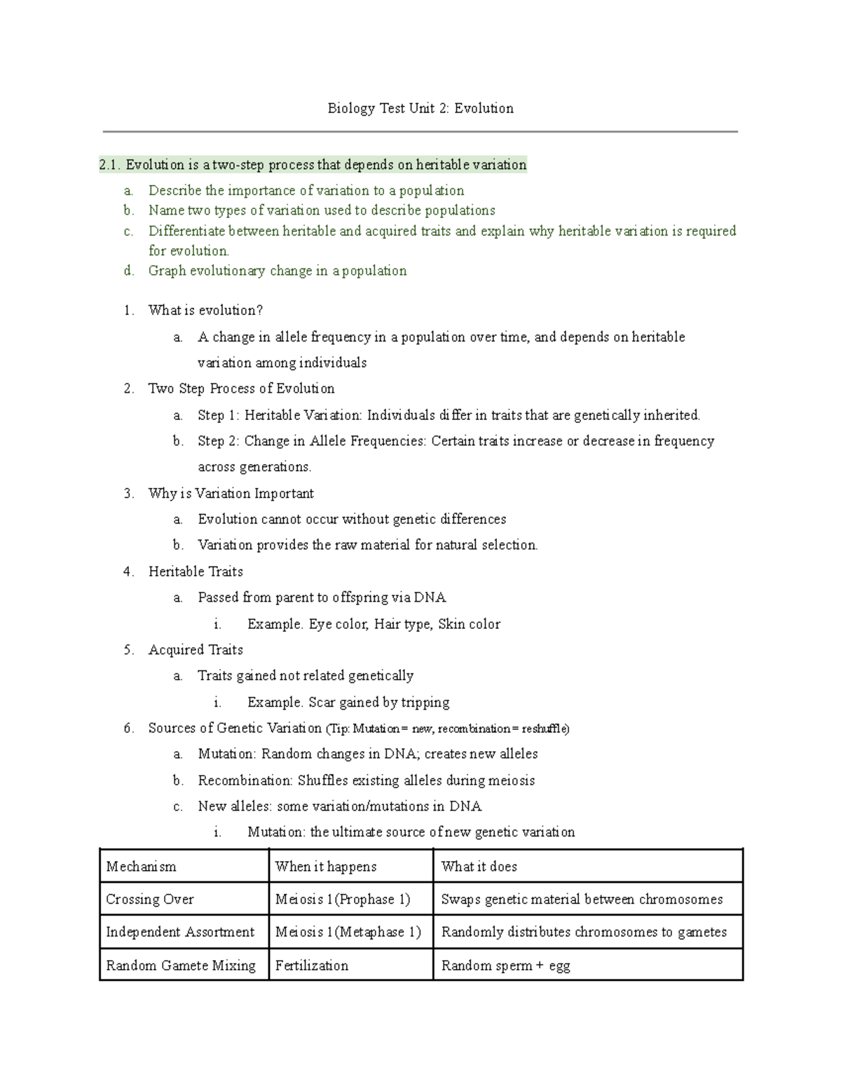 Unit 2 Biology Test: Evolution and Heritable Variation Insights - Studocu