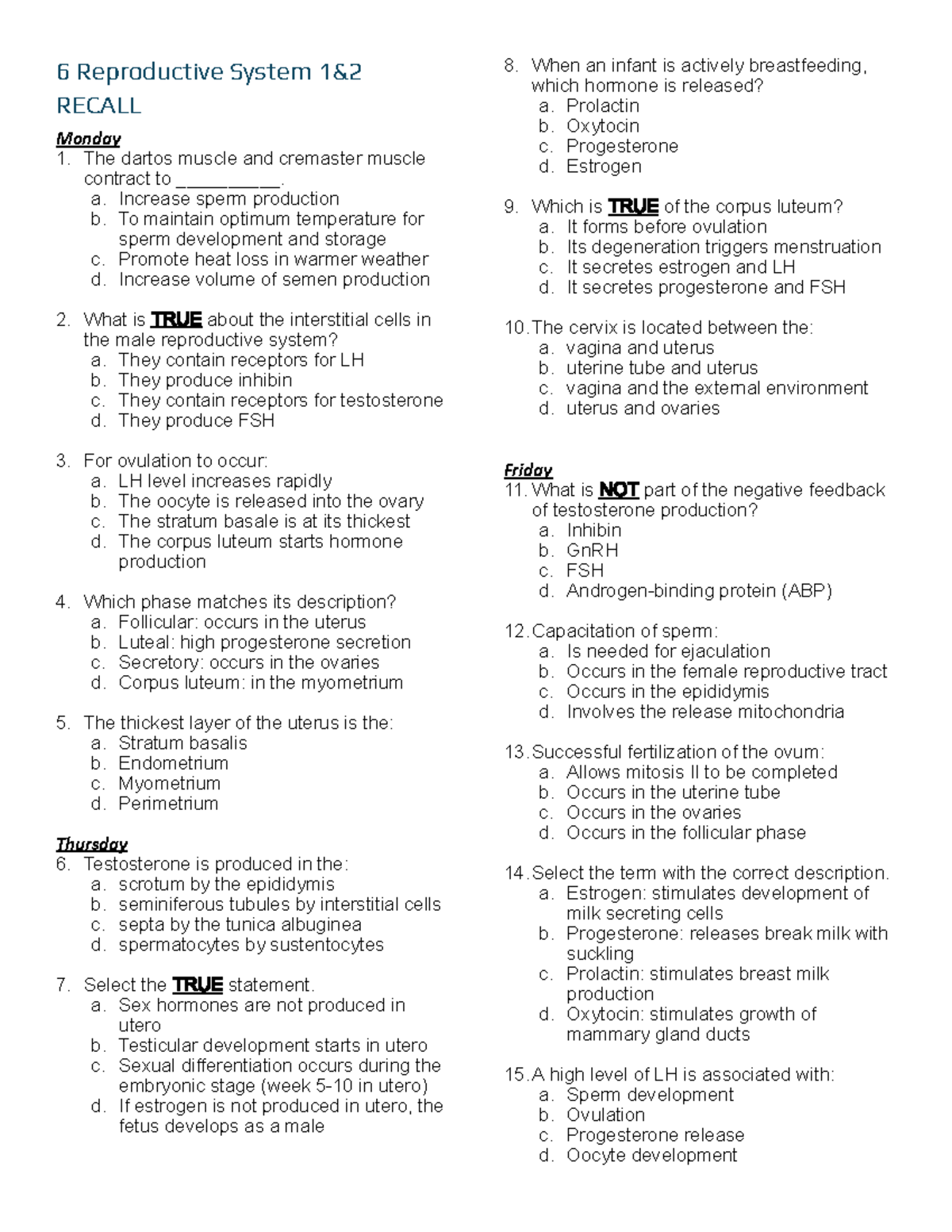 6 Reproductive System 1&2 Study Questions and Answers - Studocu