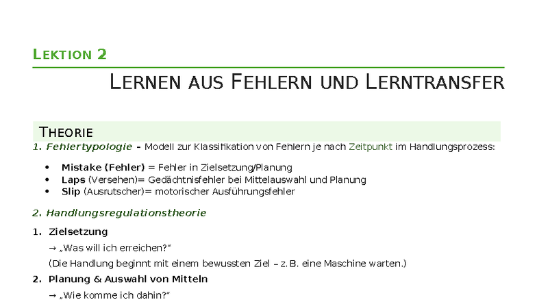 LEKTION 2: LERNEN AUS FEHLERN UND LERNTRANSFER ZUSAMMENFASSUNG - Studocu