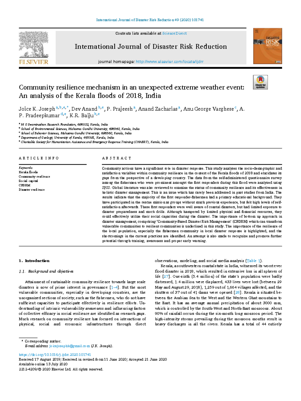Community Resilience Mechanisms in Kerala Floods 2018: A Study - Studocu