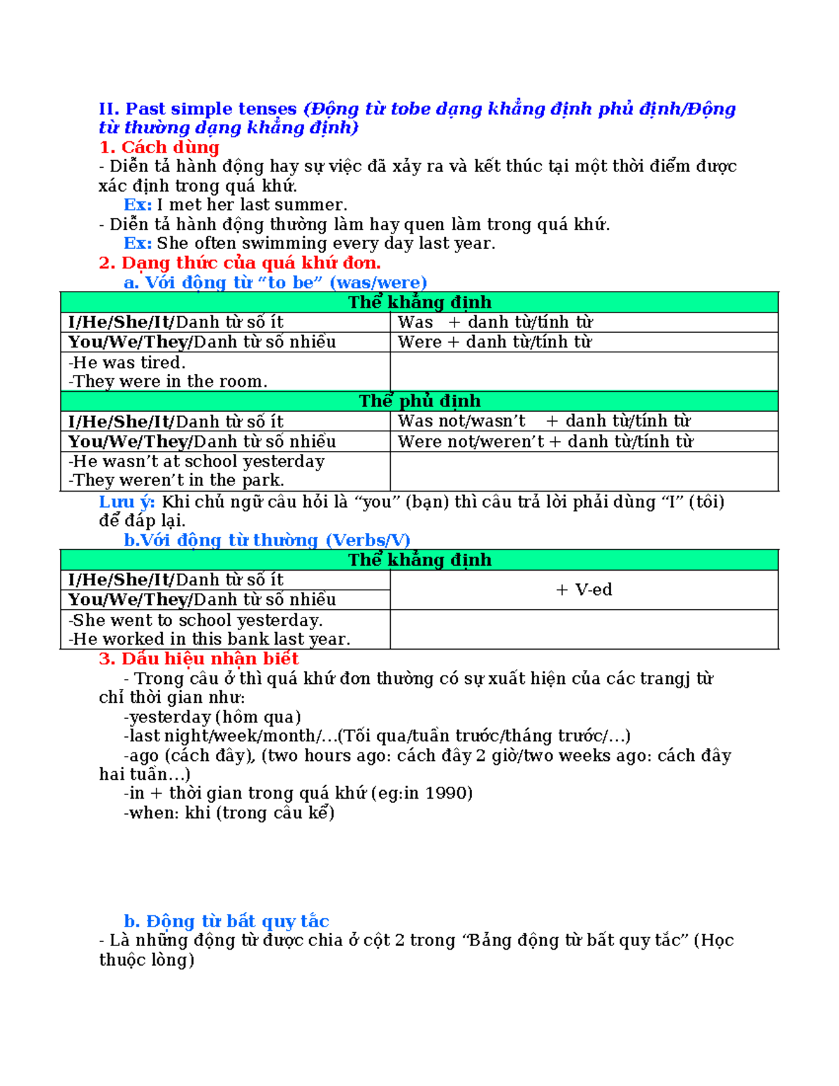 II. Past Simple Tenses: Động Từ To Be và Cách Sử Dụng (Unit 6) - Studocu