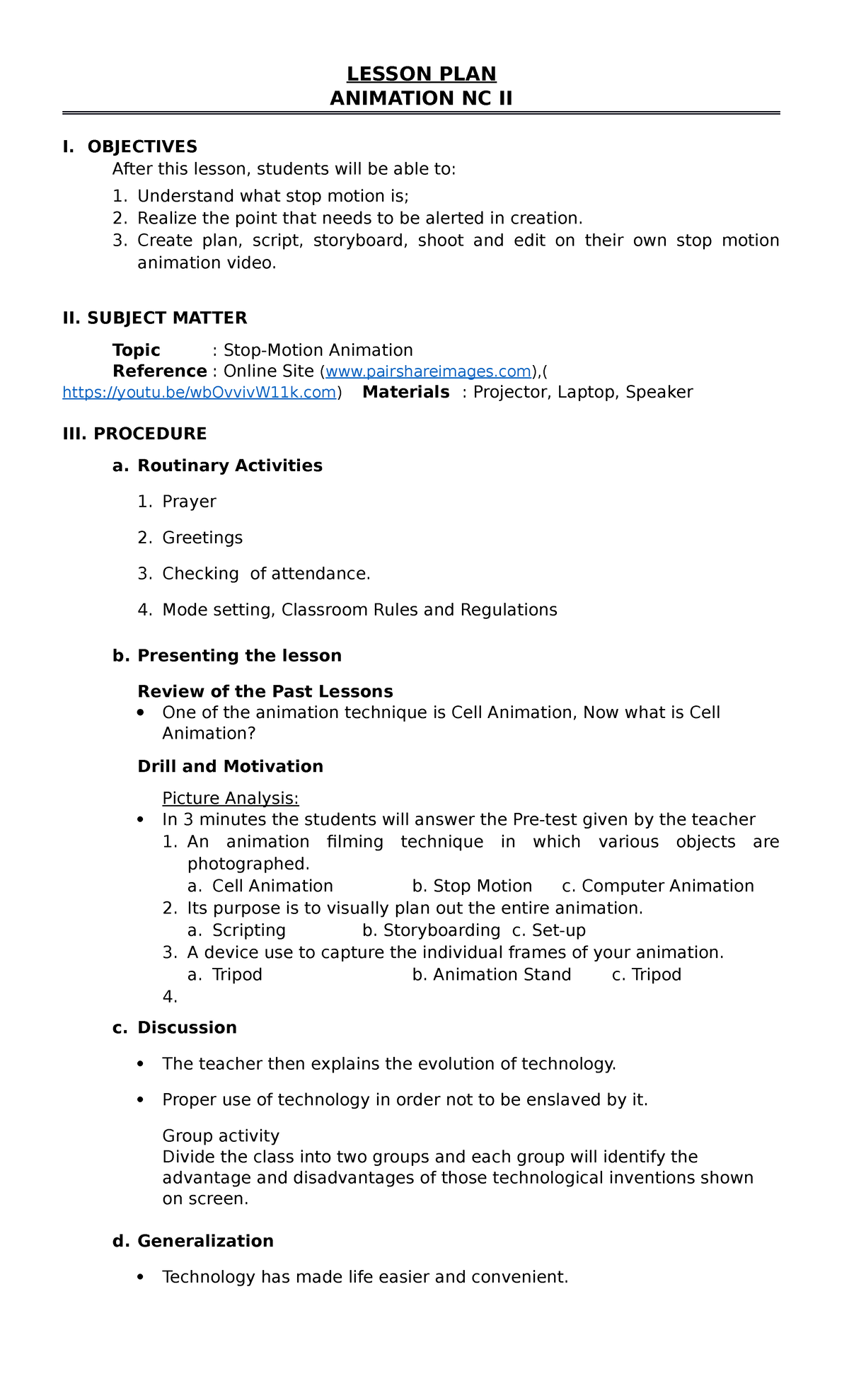Lesson PLAN - COT - 2d animation - LESSON PLAN ANIMATION NC II I ...