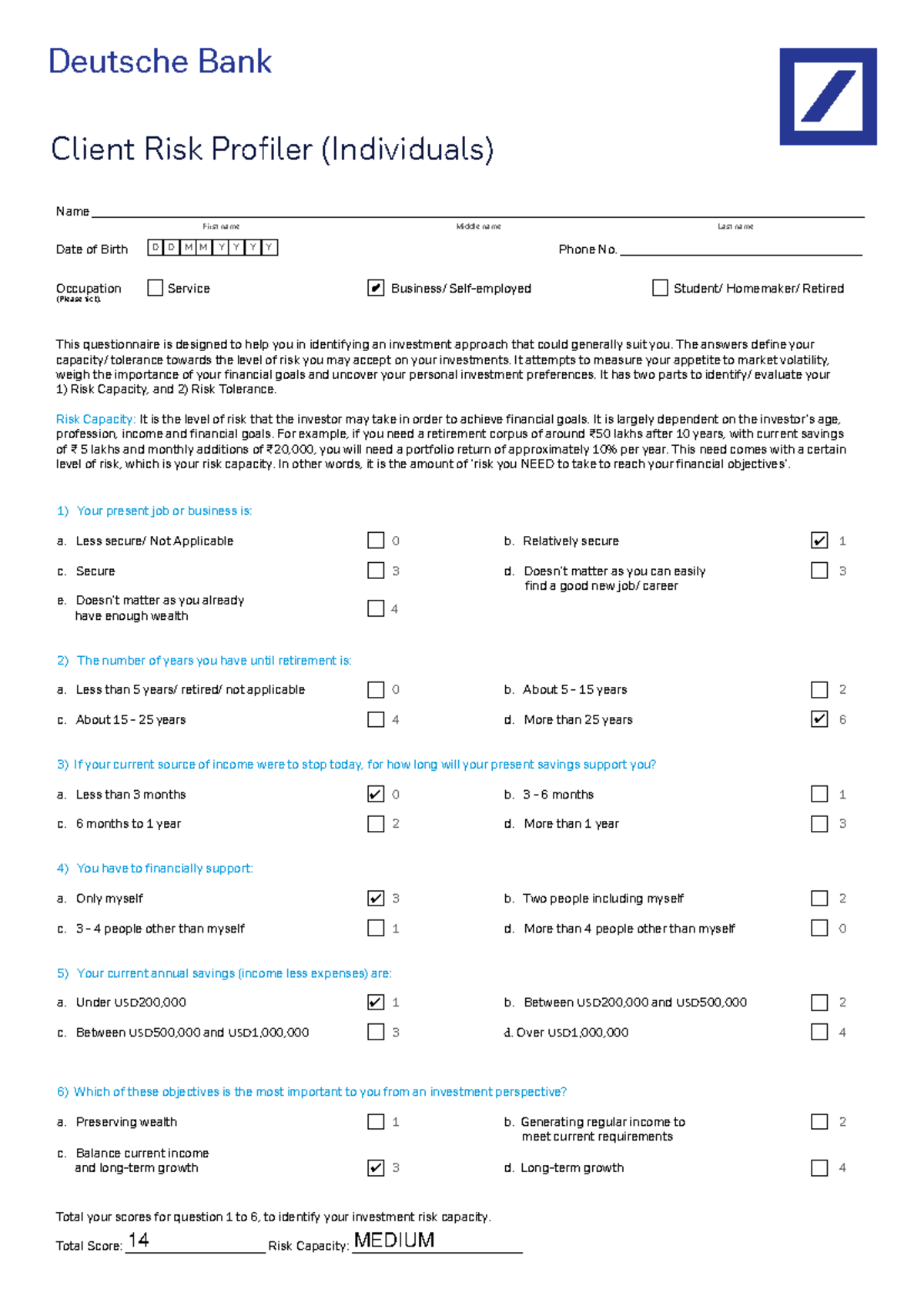 Deutsche Bank Risk Profiler Questionnaire for Individuals - Studocu