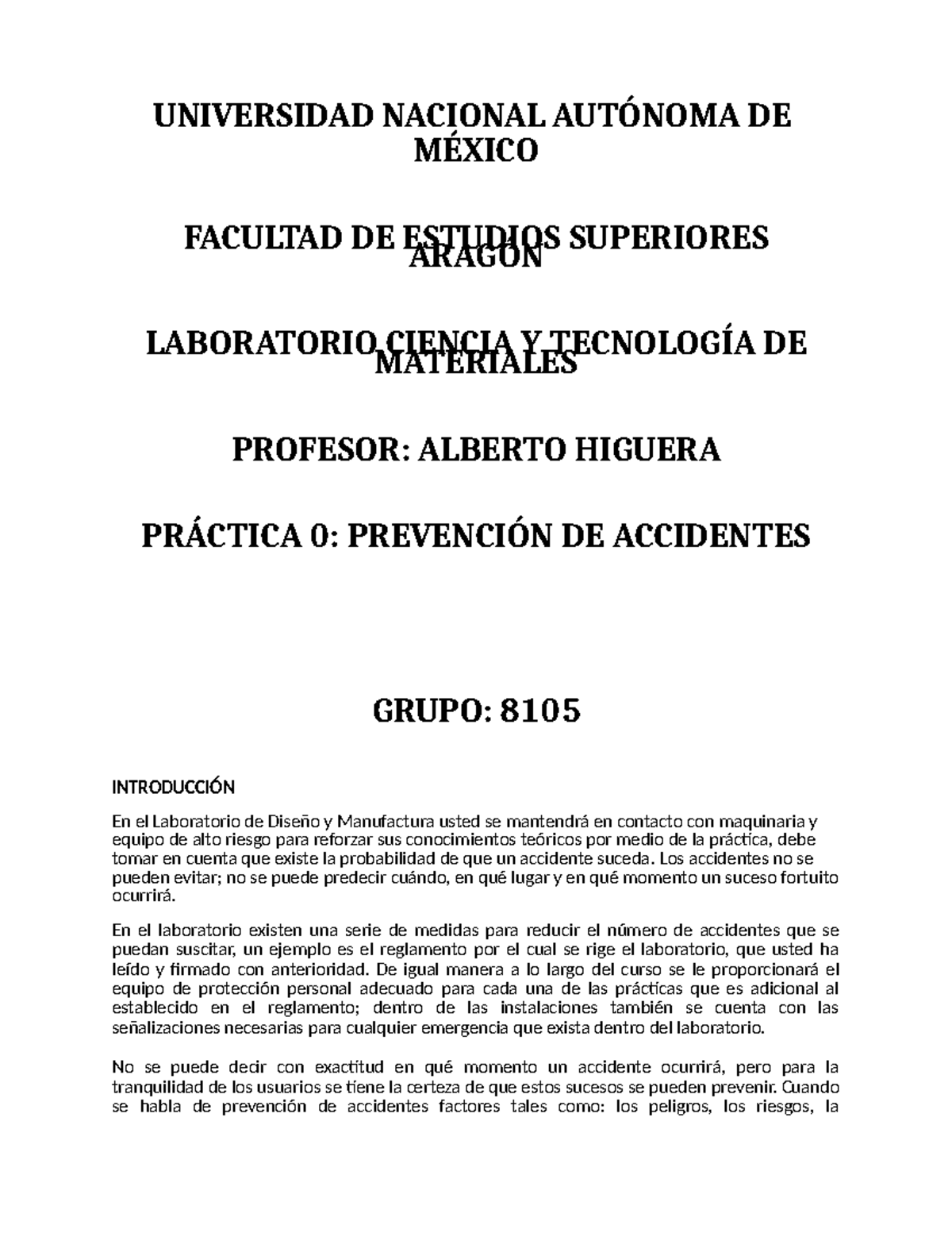 P0. Práctica sobre Prevención de Accidentes en el Laboratorio L1 - Studocu