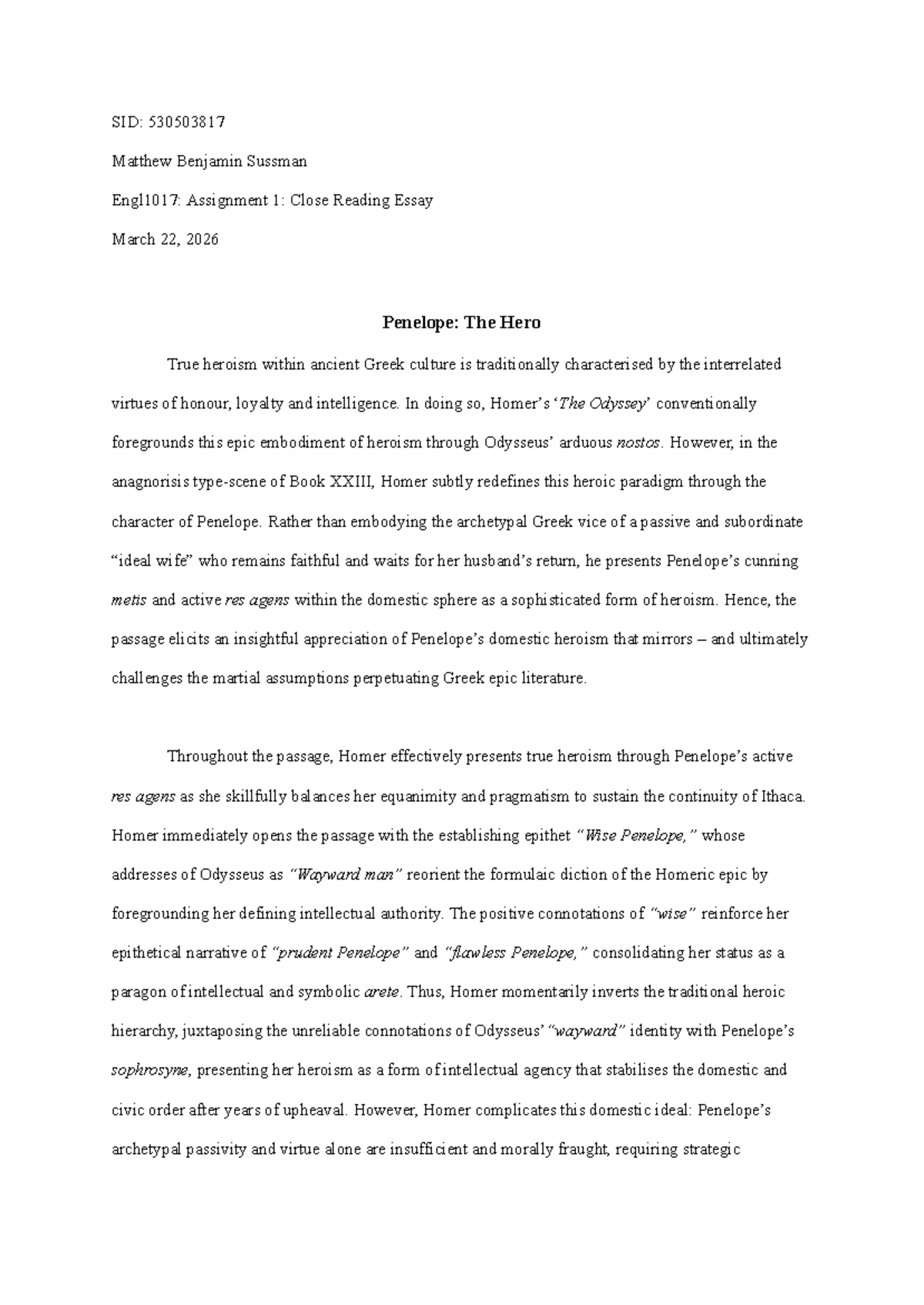 ENGL1017: Assignment 1 - Close Reading of Penelope's Heroism - Studocu