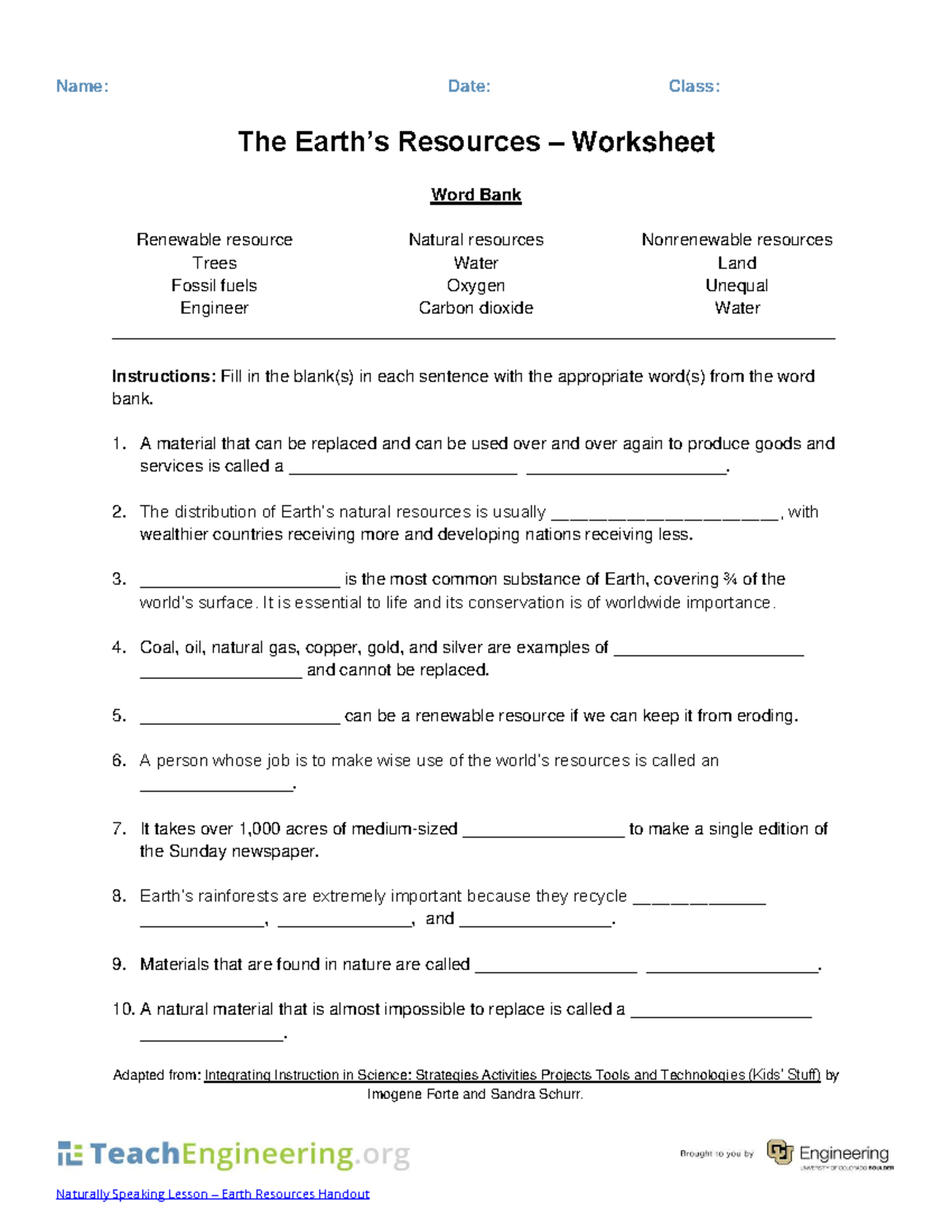 Cub Environ Lesson 03: Earth Resources Worksheet - Studocu