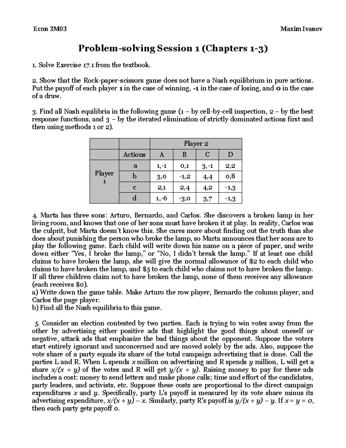 Econ 3M03 Problem-Solving Session 1: Nash Equilibria & Game Theory - Studocu