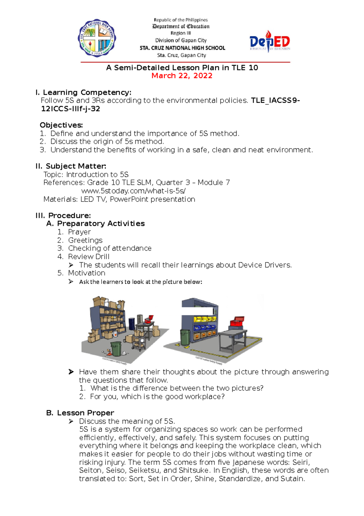 TLE 10 5S-1 - Semi-Detailed Lesson Plan on 5S Method - Studocu