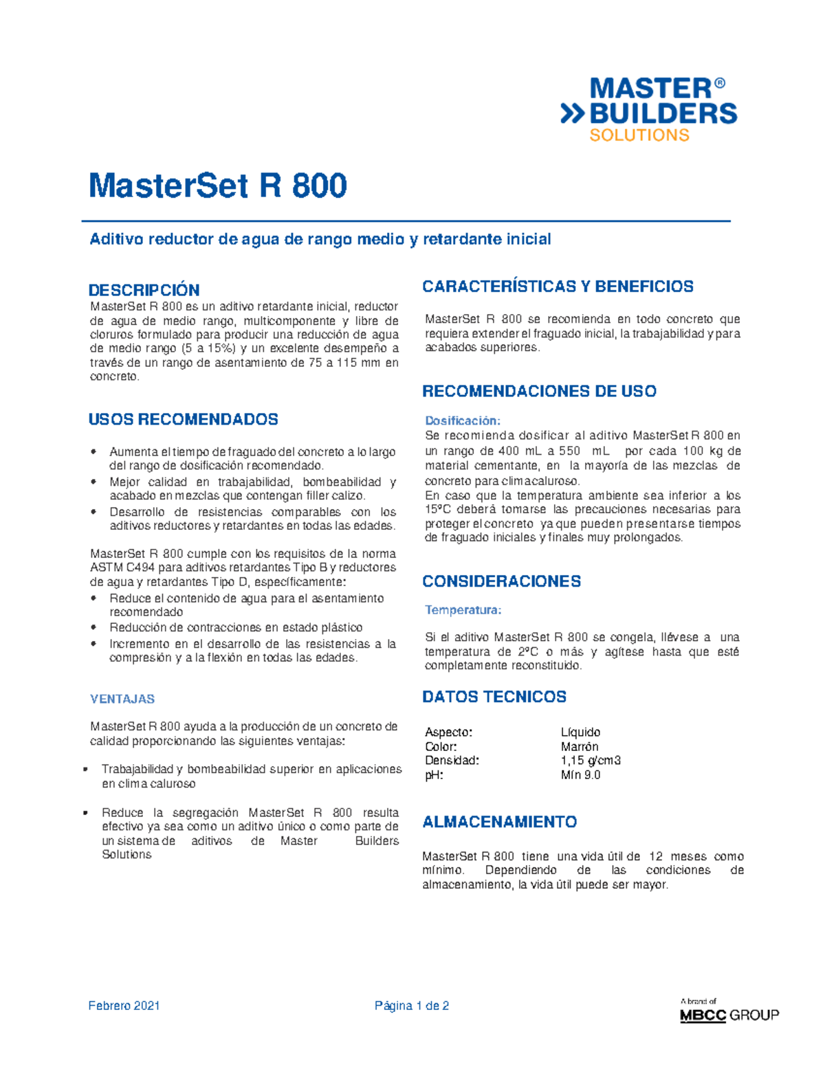 Masterset r 800 - aDITIVOS - MasterSet R 800 Febrero 2021 Página 1 de 2 ...