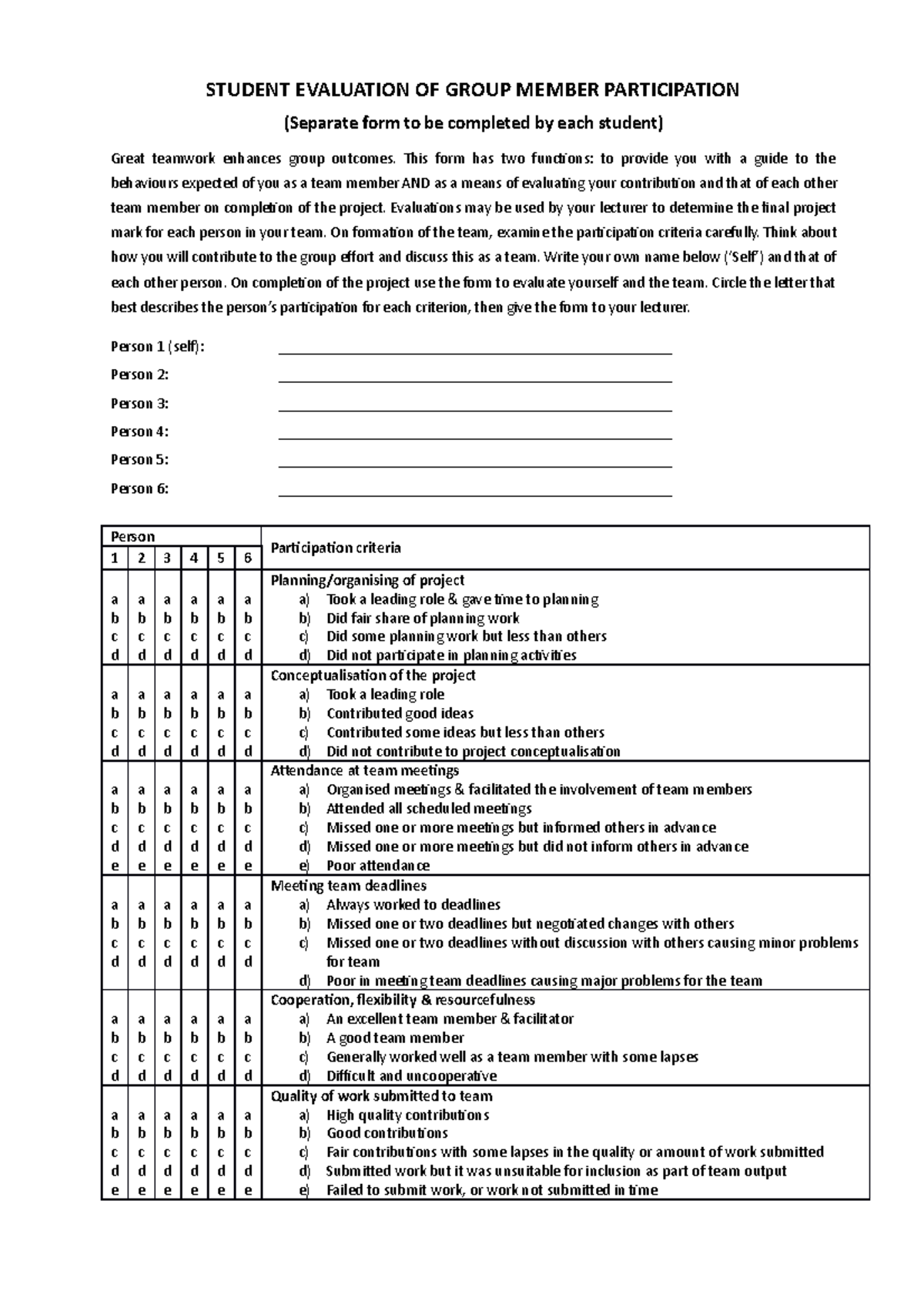 Student Evaluationof Group Members Sheet ISB - STUDENT EVALUATION OF ...