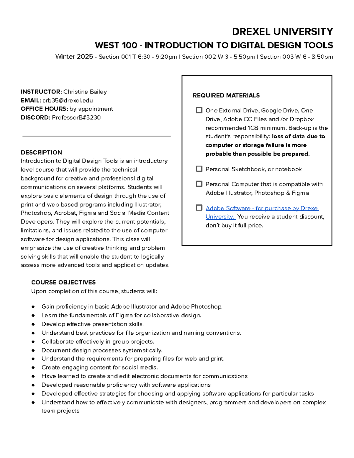 DREXEL UNIVERSITY WEST 100: Intro to Digital Design Tools Syllabus ...