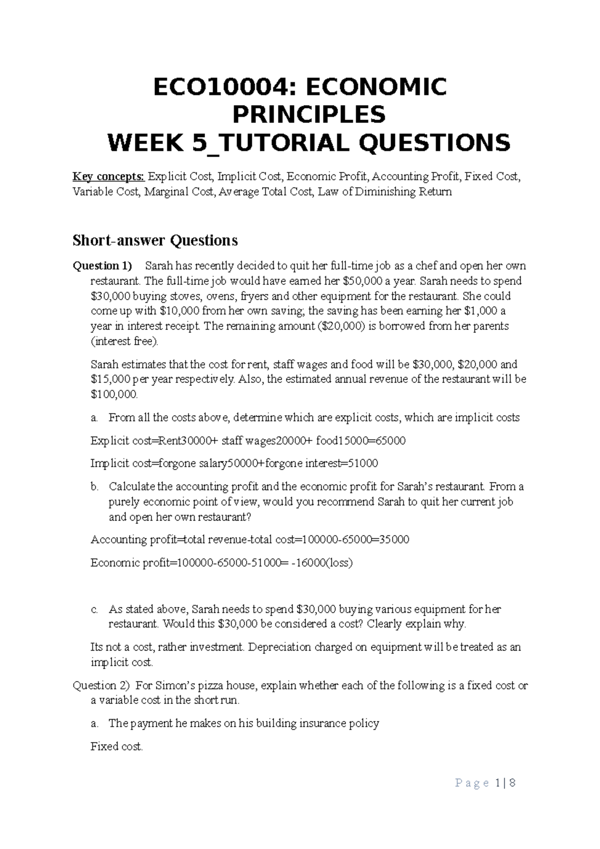 ECO10004 Economic Principles Week 5 Tutorial Questions and Concepts ...